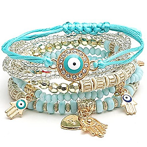 Pingyongchang Evil Eye Bracelets Pack Crystal Bohemian Bracelet Set of 4 Beaded Mexican Bracelets Pack Mixed Hamsa Protection Stretch Bracelets Jewelry for Women Teen Girls -B