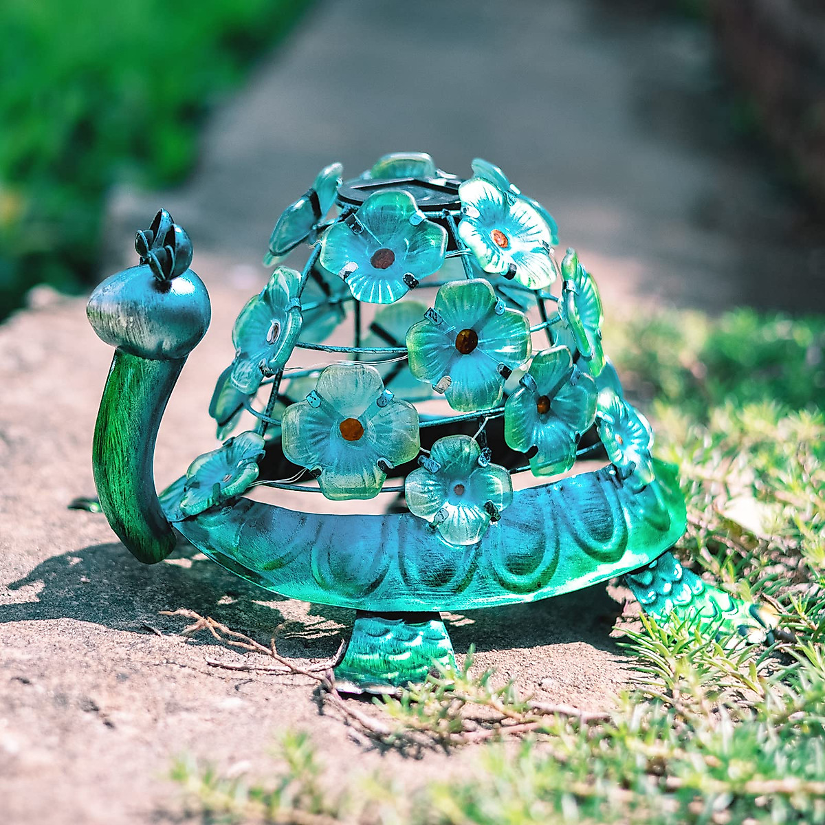 VCUTEKA Solar Light Outdoor Waterproof - Metal Turtle Floral Solar LED Lights Garden Figurine Light for Patio Lawn Yard Decor, Ideal Gift