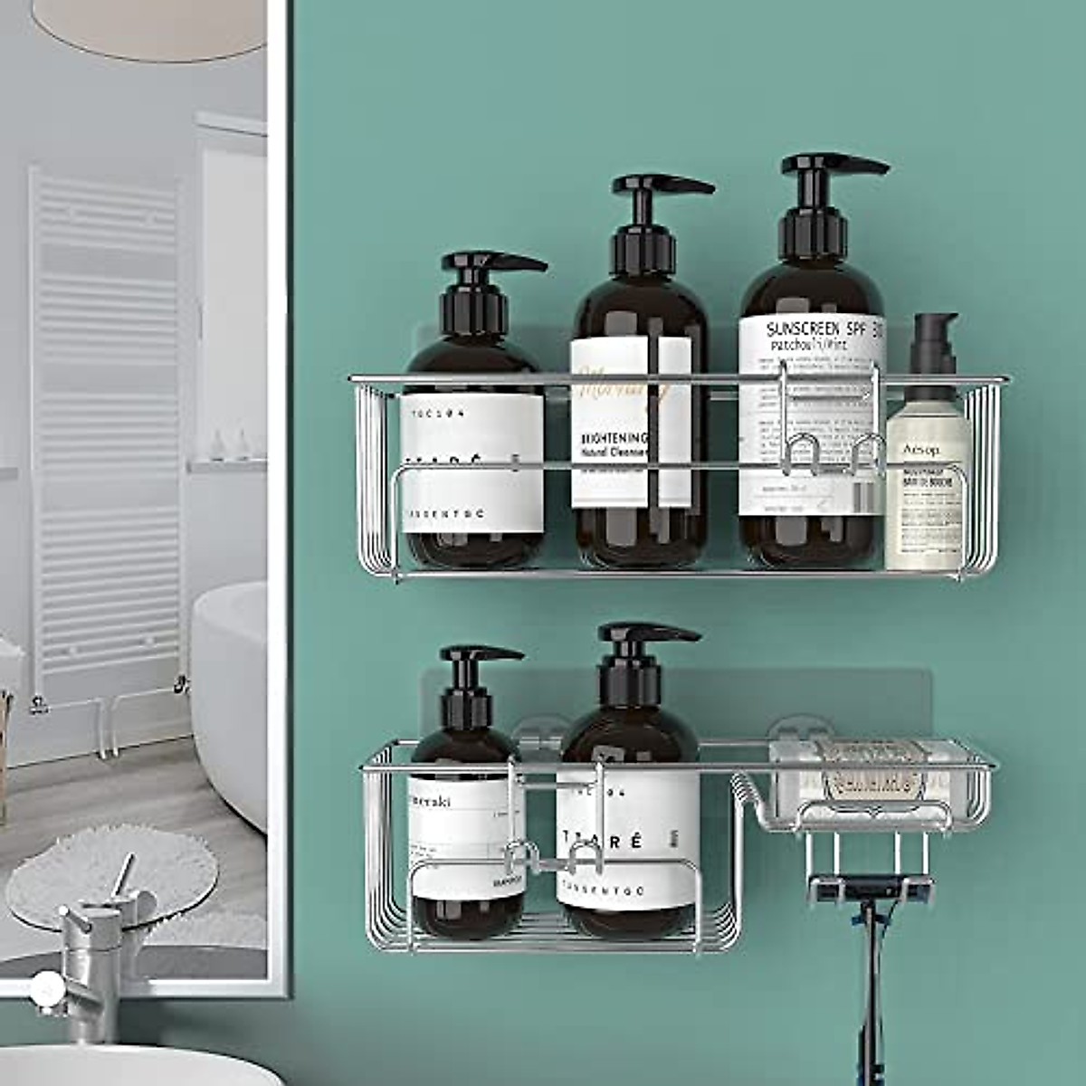 HOMOH Adhesive Shower Caddy, Bathroom Basket Shelf with Soap Dish and Hooks Wall Mounted No Drilling Rustproof Storage Organizer Racks for Bathroom, Toilet, Kitchen - 2 Pack