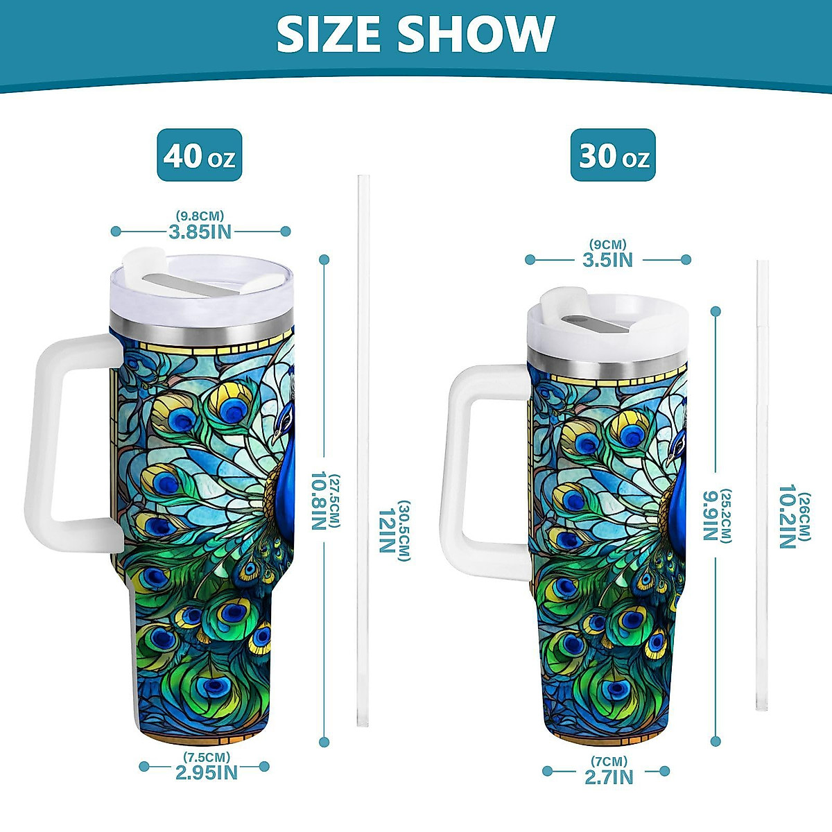 RPLIFE Peacock Stained Glass 40 Oz Tumbler with Handle, Stainless Steel Tumbler with Straw, Coffee Tumbler for Women