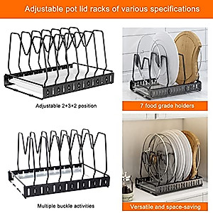 WEITELAI Pot Lid Organizer For Cabinet, 7 Dividers Adjustable Pots and Pans Organizer for Cabinet, With Draining Tray Kitchen Cookware, Bakeware, Cookie Cutting Board Organizer Black