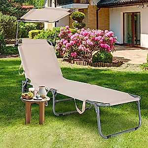 GYMAX Tanning Chair, Beach Lounge Chair with Canopy Sunshade, Carry Handle & Pocket, 5 Level Adjustable Layout Chaise Lounge for Outside, Folding Sunbath Chair for Outdoor, Patio, Poolside (1, Sand)