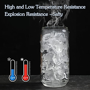 YMQAHWY 4Pcs Set Drinking Glasses with Bamboo Lids and Glass Straw, 16oz Can Shaped Glass Cups, Beer Glasses, Iced Coffee Cups, Glass Tumbler Include 2 Cleaning Brushes, Great for Cocktail,Gifts