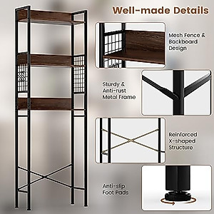 Giantex Over-The-Toilet Storage Shelf, 3-Tier Bathroom Space Saver with 3 Hooks, Industrial Tower Rack for Restroom, Kitchen, Freestanding Bathroom Organizer (Rustic Brown)
