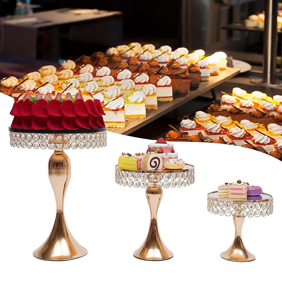 TBVECHI 3pcs Cake Stands Set, Metal Cupcake Holder with Hanging Crystal Dessert Display Plate Decor Serving Platter for Party Wedding Birthday Baby Shower Celebration Home Decoration (Gold)