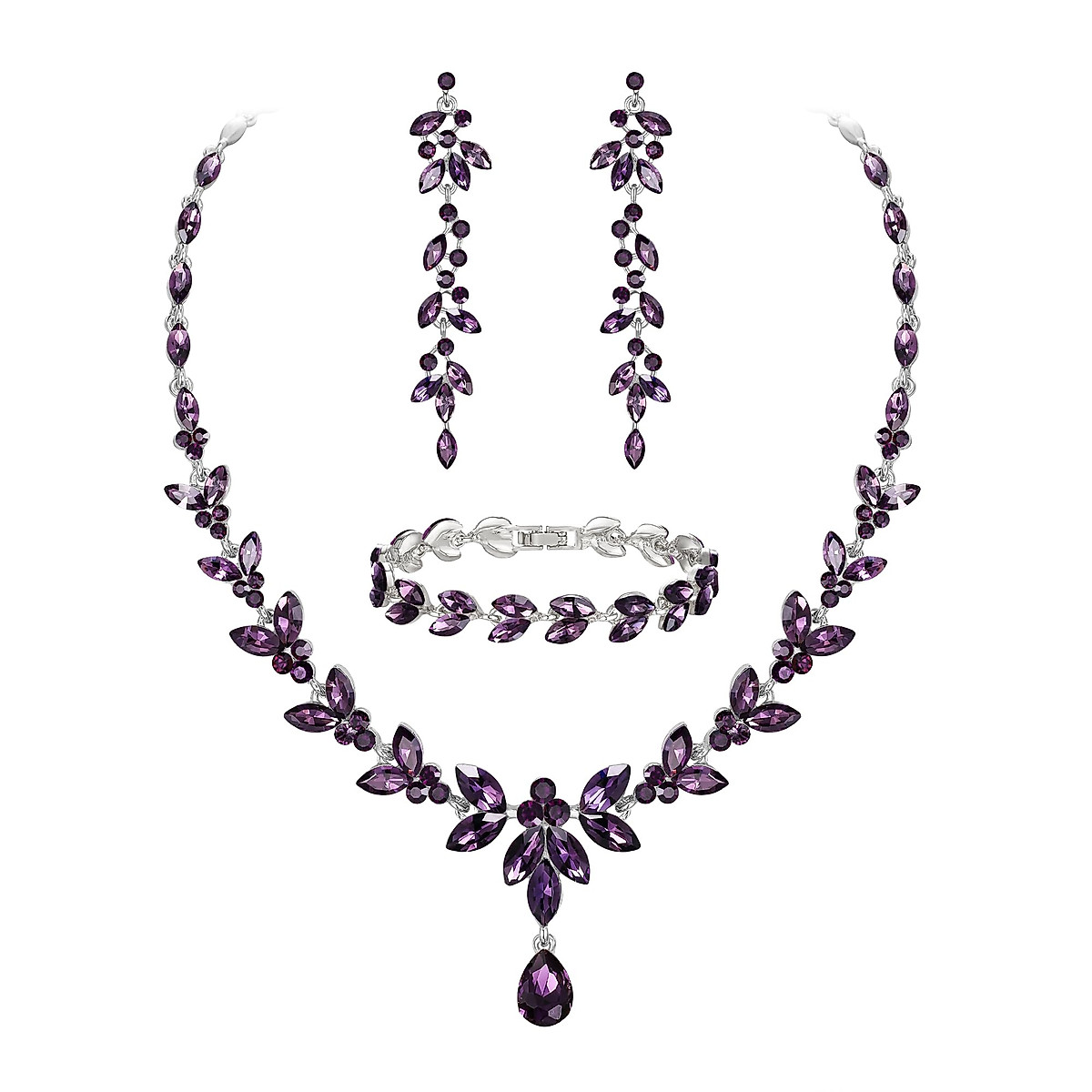 EVER FAITH Marquise Crystal Party Jewelry Set for Bride, Gorgeous Leaf Rhinestone Necklace Dangle Earrings Tennis Bracelet Set Purple Silver-Tone