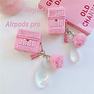 Cute Silicone Girly Pink Pro Clasic Retro Telephone Shaped Headphone Case Compatible with Airpods Pro and Airpod3 Headphones Funny Cover with Ball Pom Pom Keychian for Girls Women Best Gift