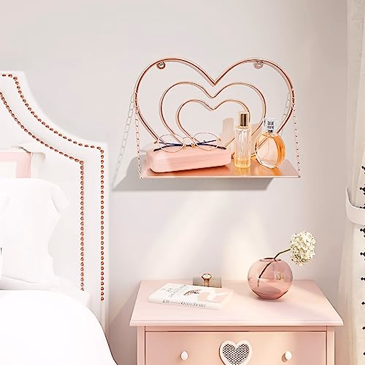 Mazjoaru Floating Shelves Rose Gold Multi-Layer Heart Shape Design Hanging Shelves Pink Room Decor, Cute Pink Chain Metal Wall Mounted Shelf for Bedroom, Nursery, Living Room