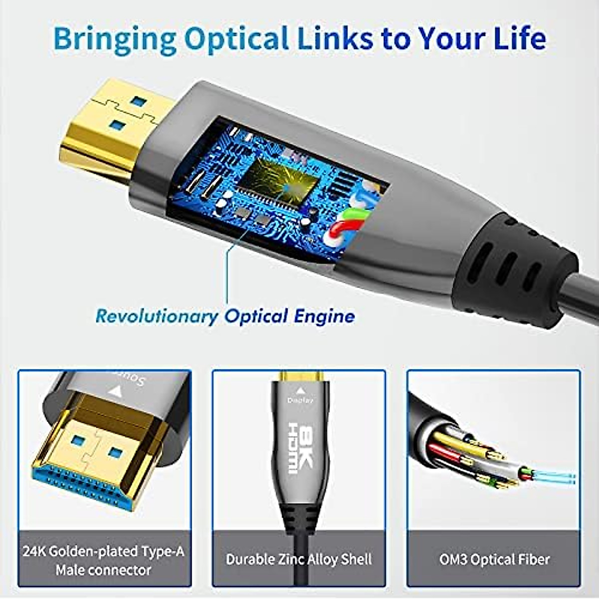 8K Fiber HDMI Cable 50ft, DELONG HDMI 2.1 Fiber Optic Cable Support 8K@60Hz, 4K@120Hz, 48Gbps, eARC Compatible with PS5, Xbox,RTX 3080 3090, Roku,8K TV DHDMI8K50FT Black