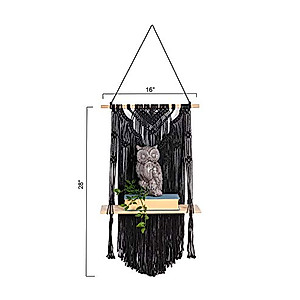 KALTEK Black Macrame Shelf with Flower Design | Boho Style with Floating Wood Shelf | Beautiful Handmade Black Macrame Shelf for Hanging Plants and Decor | Boho Wall Decor with Macrame Rope Shelving
