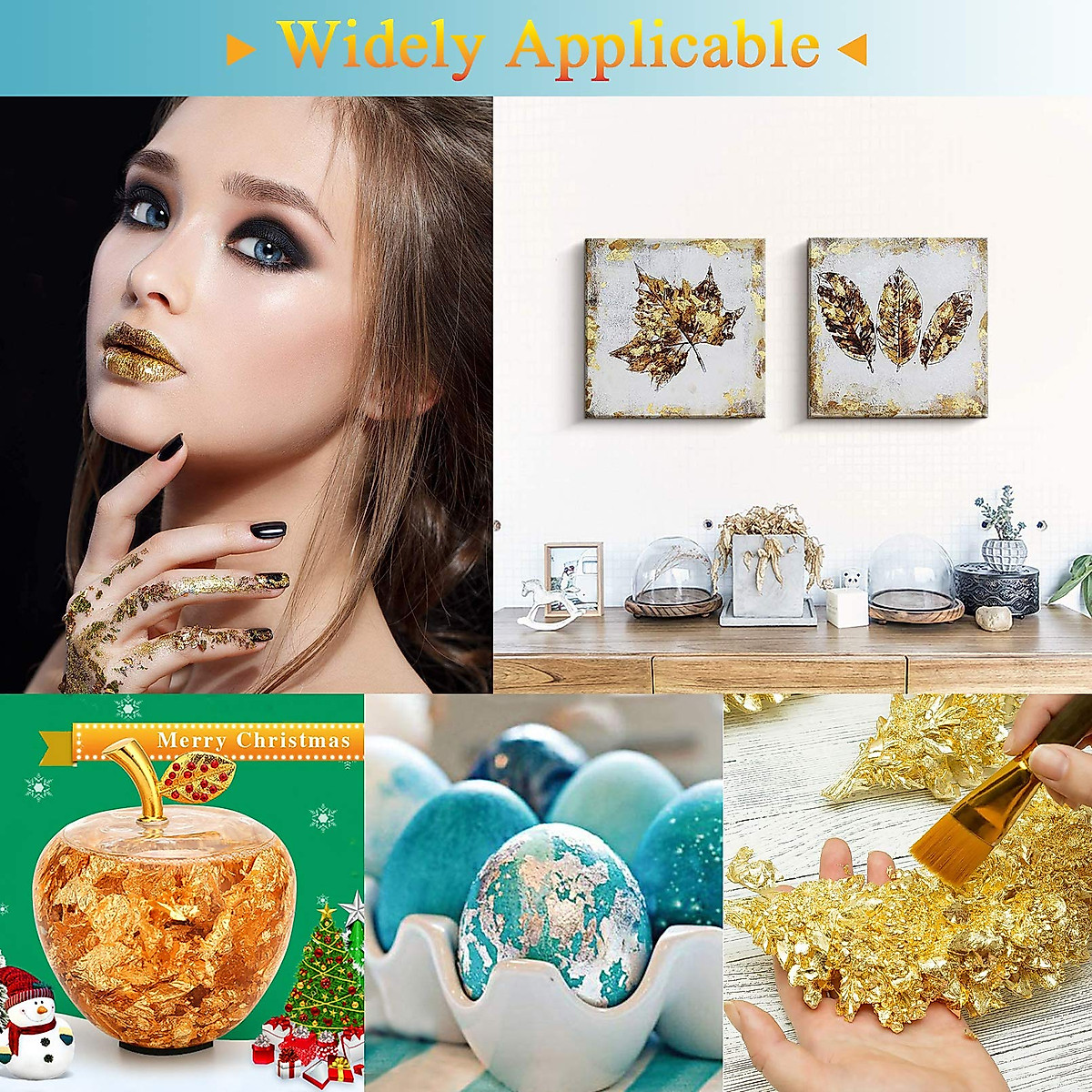 Gold Foil Flakes with Tweezers and Brush, 3 Bottles Imitation Gold Foil Flakes Metallic Leaf for Nail Art, Painting, Crafts and Resin Jewelry Making（Gold, Silver and Copper colors-3g））