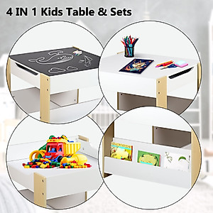 TODEFULL Kids Table and Chair Set, 4-in-1 Wood Activity Table w/Storage Bins, Detachable Tabletop, Blackboard, Bookshelf, Toddler Table and Chairs for Crafts/Drawing/Reading/Playing, Natural & Orange
