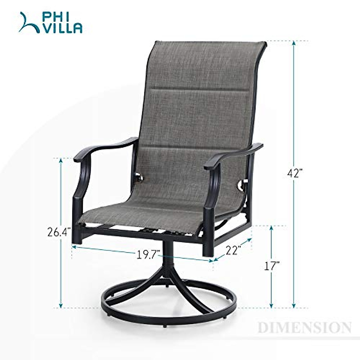 PHI VILLA Swivel Patio Dining Chair with 42" High Back, Padded Textilene Deep Seating Outdoor Chairs with Armrest & E-Coating Frame, All Weather-Resistant for Deck Lawn Garden, Set of 2