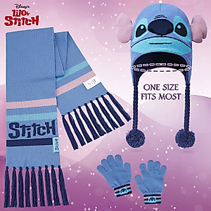 Disney Stitch Girls Beanie Scarf Teenagers Kids Gloves Winter Accessories Stitch Gifts, Different Sets to Choose (Blue Stitch 3 Pcs)