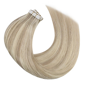 Moresoo Tape in Human Hair Extensions Blonde Highlighted Tape in Extensions Real Hair Invisible Hair Extensions Ash Blonde Mix with Bleach Blonde Hair Extensions Tape in 16 Inch #P18/613 20pcs 50g