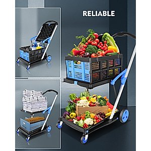 Collapsible Utility Cart Multi Use Functional Collapsible Shopping Carts 2-Tier Collapsible Shopping Cart with Baskets Carrito para Supermercado con Ruedas