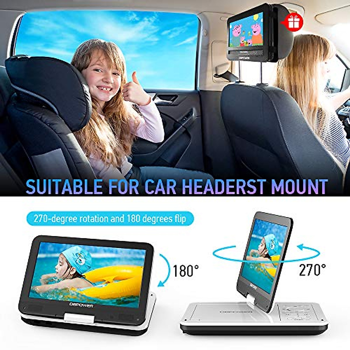 DBPOWER 12" Portable DVD Player with 5-Hour Rechargeable Battery, 10" Swivel Display Screen, SD/USB Port, with 1.8m Car Charger, Power Adaptor and Car Headrest Mount, Region Free-White