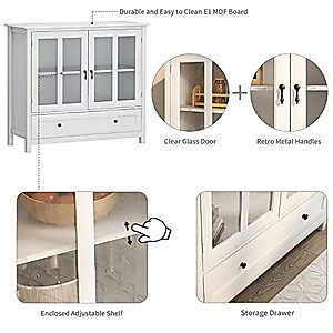 Knocbel Modern Storage Cabinet with Metal Handles, Double Glass Doors, Compartments and Drawer, Buffet Sideboard for Kitchen Dining Room Hallway Entryway, 41.4" L x 15.5" W x 35.4" H (White)