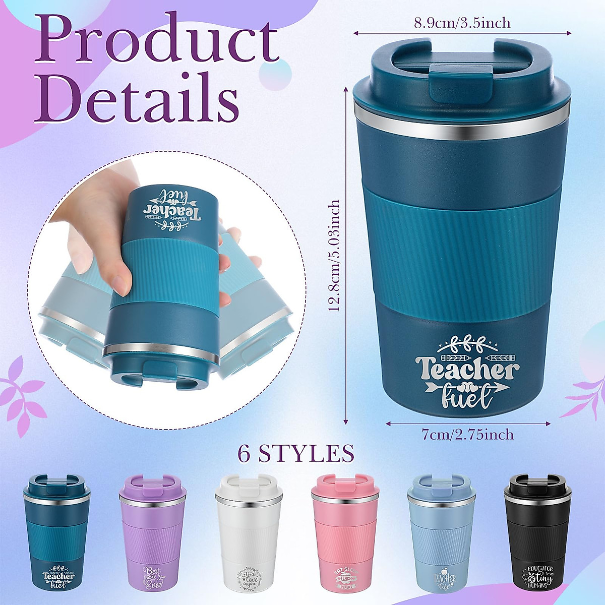 Pickmesh 6 Pcs Teacher Gift Cup Bulk Teacher Appreciation Tumbler Insulated Coffee Mug 12oz with Lids for Preschool Daycare High School Coworker Nurse Birthday Graduation Gift