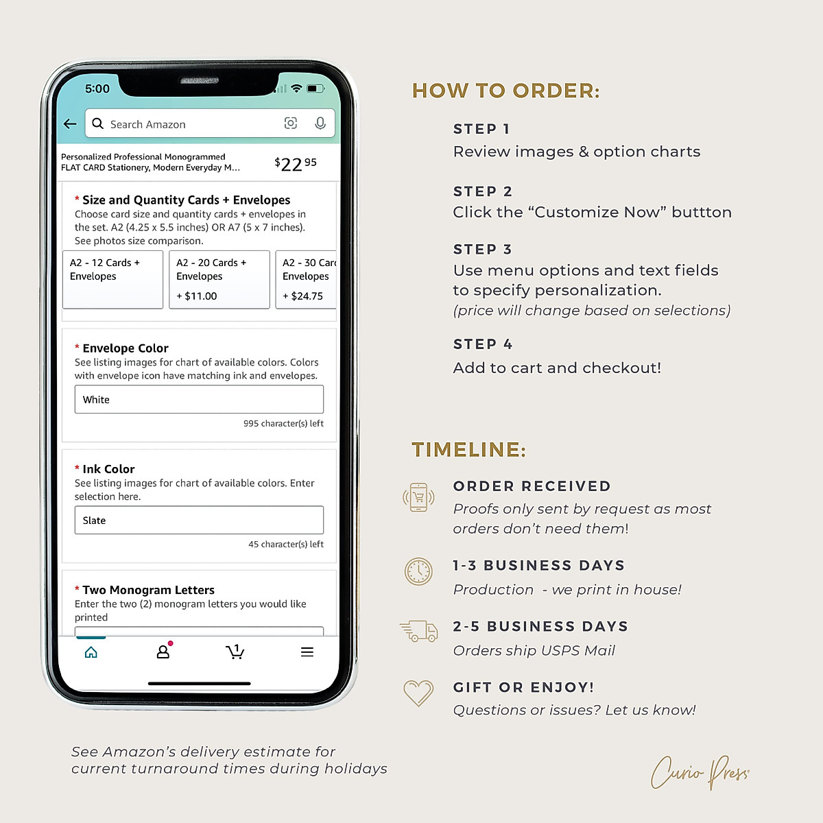 Personalized Flat Notecards w/Envelopes (A2 & A7) - Traditional Flat Cards and Envelopes w/Custom Name, Text & More - Stationery Thank You Cards for Men/Women -Classy Desk Supplies - Simplicity Flat
