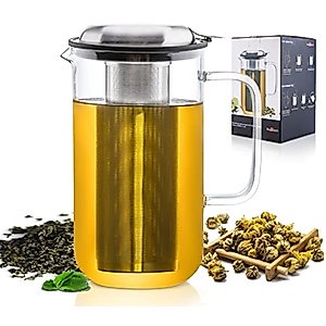 Aquach Glass Teapot Pitcher with Removable Infuser for Loose and Blooming Tea 51oz/1500ml, Dishwasher&Stovetop Safe Tea Maker Kettle Set with Stainless Steel Lid