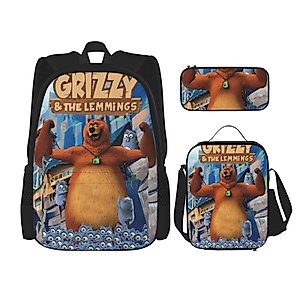 ORPJXIO Backpack 3 Piece Set Grizzy and Anime The Lemmings Laptop Backpack Pencil Case Lunch Bag Combination For Travel Work Camping