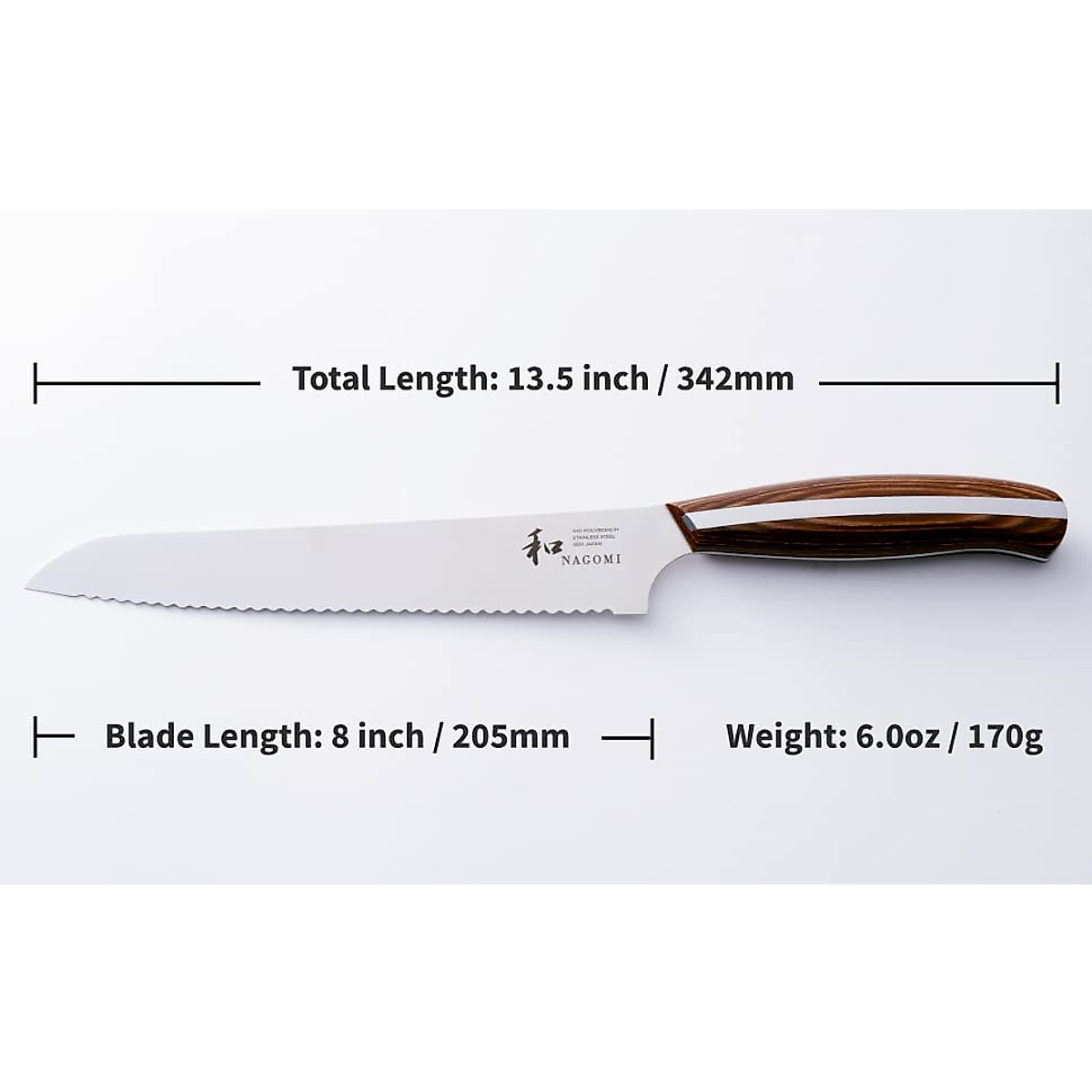 [NAGOMI] 8 inch Serrated Bread Knife - Made in Seki, Japan - Blade in 440A and Comfortable Pakkawood Handle - Japanese Sharp Kitchen Knife