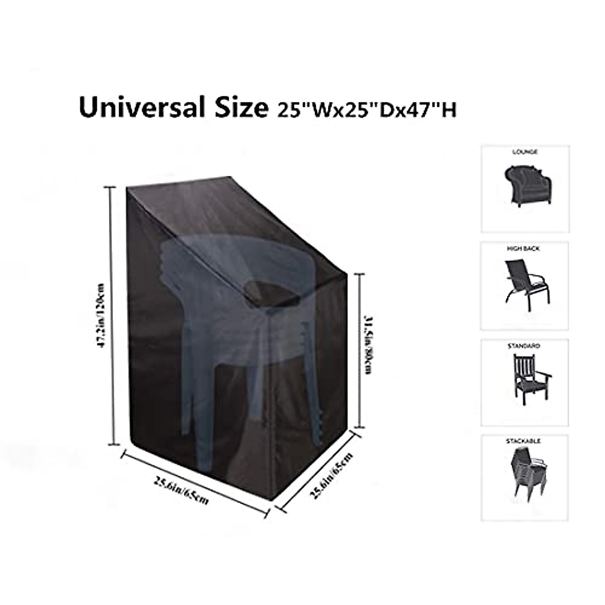 Patio Chair Covers for Outdoor Furniture Waterproof, Heavy Duty Stackable Chairs Cover with Adjustable Hem Cord for Better Fit, Large Cover for Lounge Deep Seat , Black, All Weather Protection (Black)