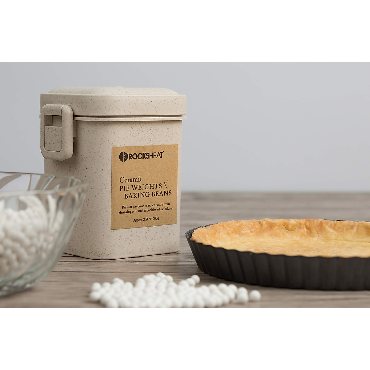 K ROCKSHEAT Ceramic Pie Weights, Baking Beads Pie Crust Weights, Natural baking beans with Wheat Straw Container (2.2Lb | 1000g)