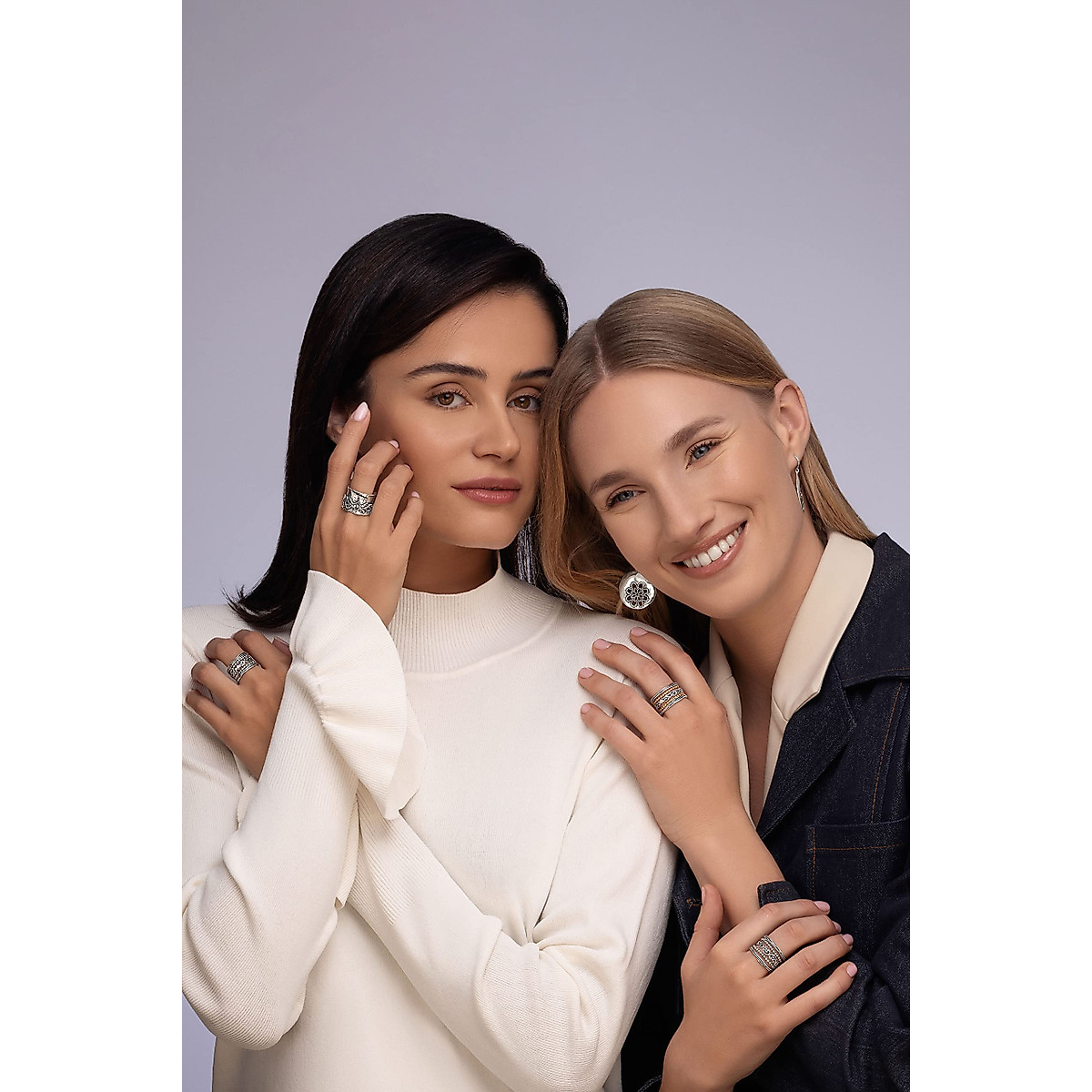 Set of Five 925 Sterling Silver Rings Beaded Concaved Lace Textures Oxidized Vintage Look Stylish Hypoallergenic, Nickel and Lead-free, Artisan Handcrafted Designer Collection Made in Israel