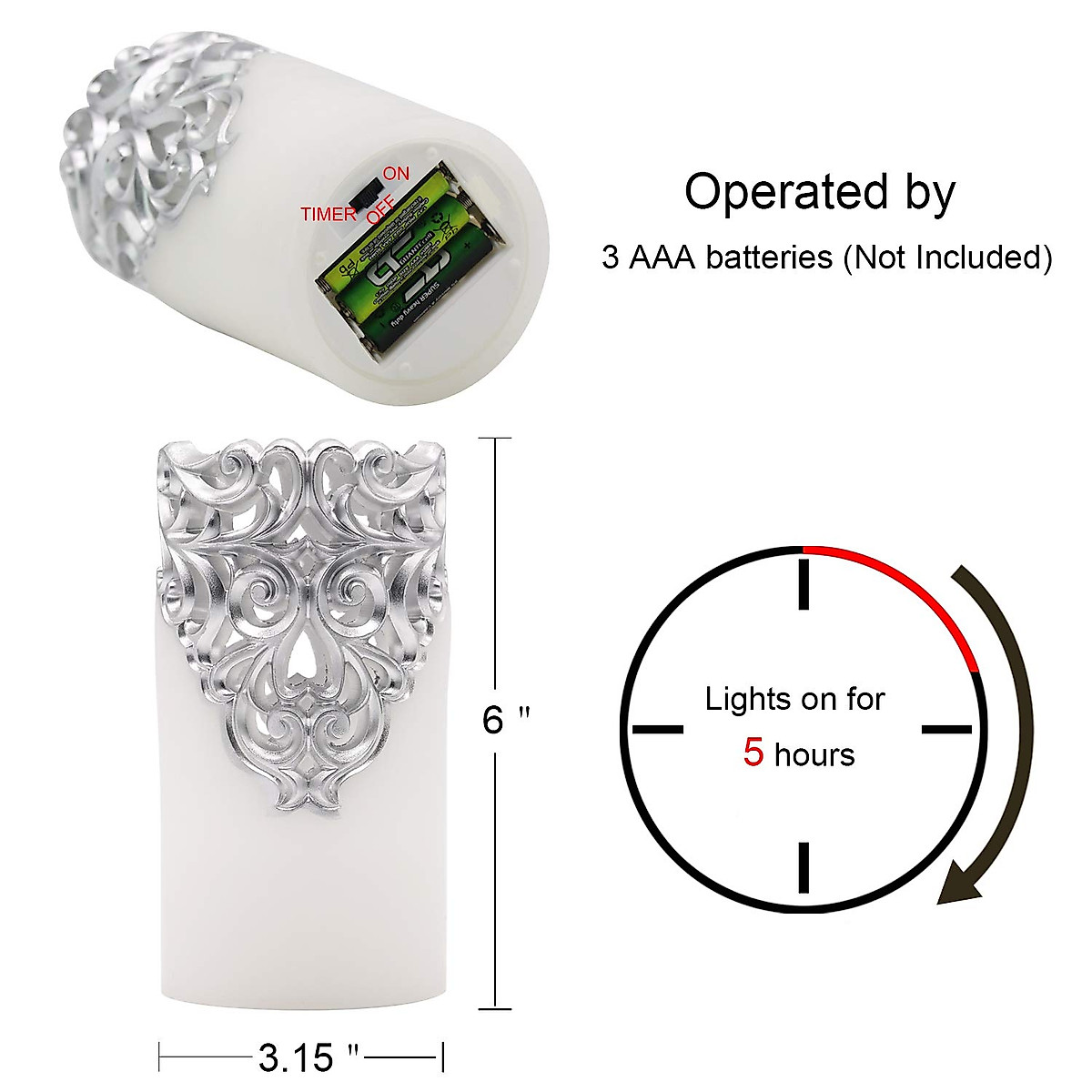 Eldnacele Flameless Christmas Silver Candles with 5H Timer, Flickering Real Wax Battery Operated Pillar Candles for Christmas Party Decoration Silver (D3 x H6)