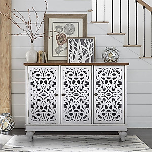 Sophia & William Sideboard and Buffet with Storage, 3-Door Hollow-Carved Accent Cabinet, Distressed Wood Storage Cabinet Cupboard for Kitchen, Dining Room, Living Room, Entryway, White