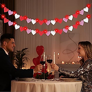 2 Pieces Heart Garland Banner for Valentines Day with Red Led Lights Decorations Red Pink White Heart Felt Banners Garland for Fireplace, Anniversary, Wedding, Engagement Party Home Decor (Style 2)