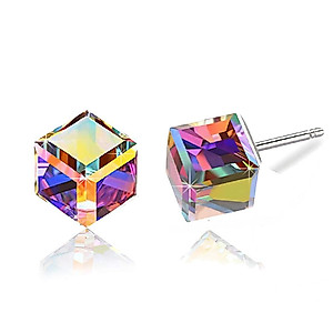 Cube Austrian Crystal Drop Stud Earrings for Women Fashion S925 Sterling Silver Hypoallergenic Jewelry (Rainbow)