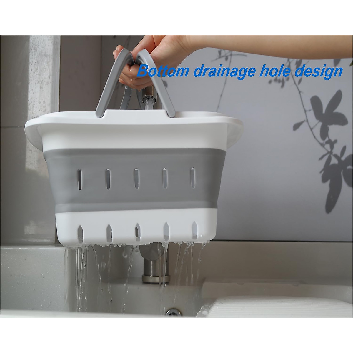 MINDFARGE Portable Folding Plastic Bath Caddy with Handle, Perforated, Travel Bathroom Organizer for Bedroom, Bathroom, Shower, Dorm Room, Camping and RV Use (Grey, 1 pack)