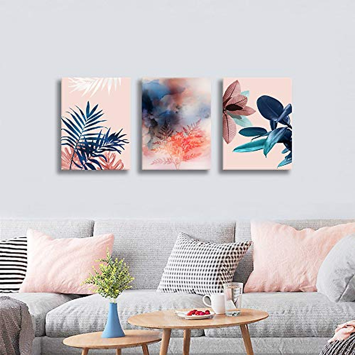 Canvas Wall Art for Girls Bedroom Bathroom,3 Pieces 12" X 16" Tropical Botanical Prints Abstract Watercolor, Modern Navy Blue Leaf Picture Artwork Framed Ready to Hang, Teen Girls Woman Room Blush Pink Decor