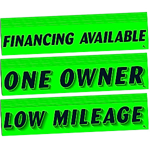 Versa Tags Windshield Slogan Stickers 12 Pack of FINANCING Available Stickers 12 Pack of ONE Owner Slogans 12 Pack of Low Mileage Window Stickers (36) Dealership Stickers Black On Green