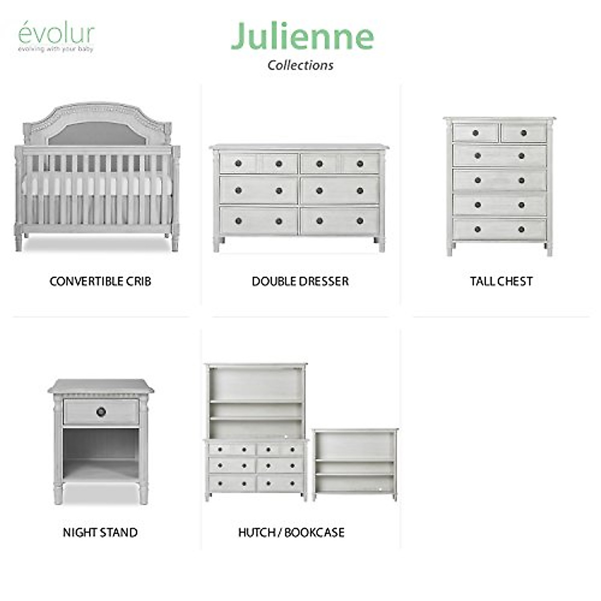 Evolur Julienne 5 in 1 Convertible Crib, Antique Grey Mist 55.5x31.2x51.5 Inch (Pack of 1)