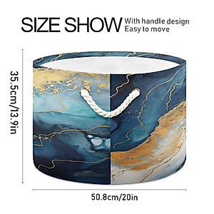 Kigai Cotton Rope Basket Blue Gold Marble Large Storage Basket for Toys Blanket Baby Laundry Basket for Nursery, Closet, Bedroom, Home Organization