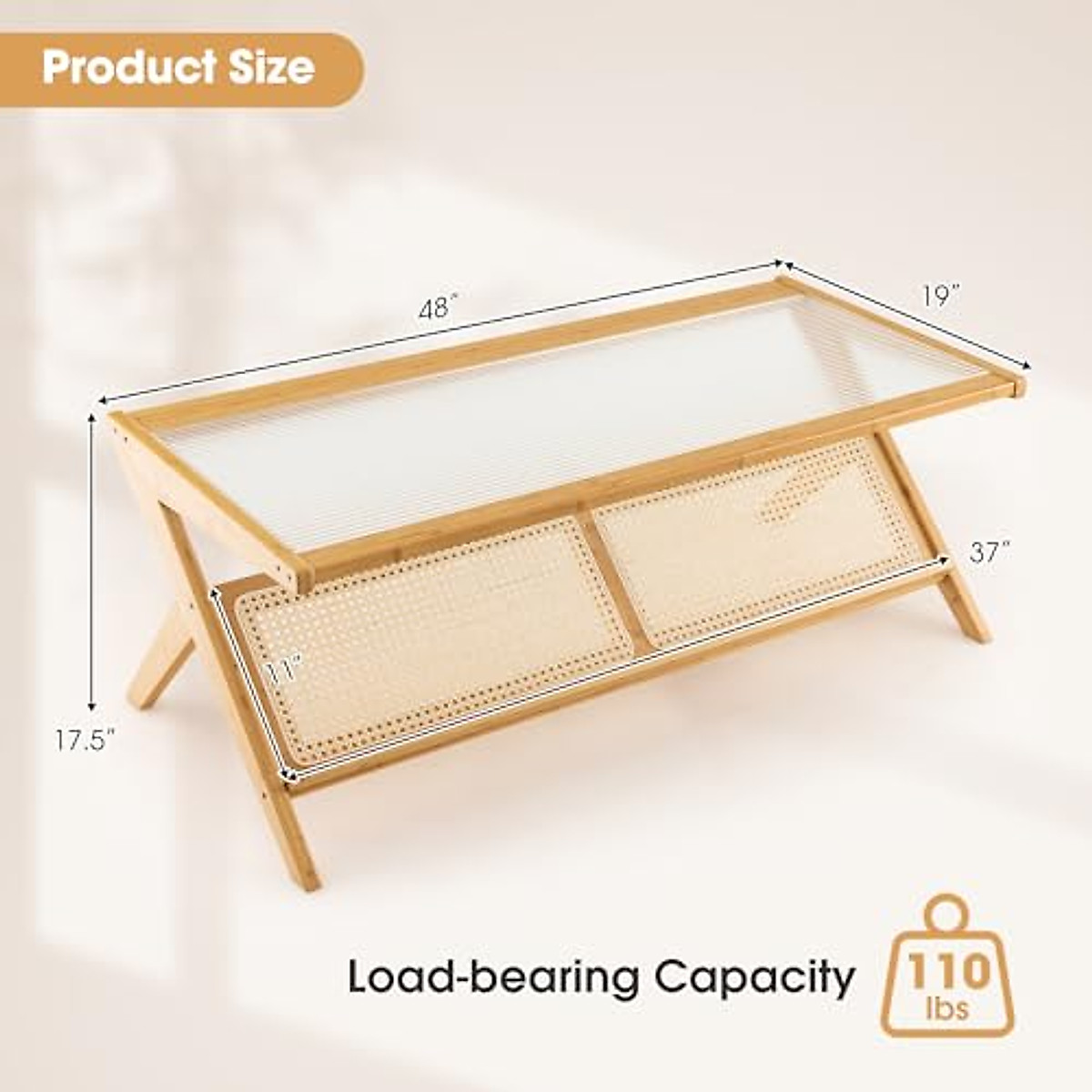 GOFLAME Bamboo Coffee Table, 2-Tier Rectangular Coffee Table with Glass Tabletop, Modern Center Table with Handwoven Rattan Storage Shelf, 48” Tea Table Cocktail Table for Living Room, Office, Natural