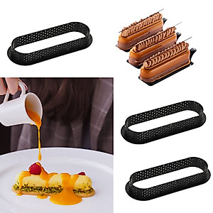 FOVIUPET 8pcs Oval Tart Rings Oval Tart Bottom Tower Cake Ring Mold Carbon Fiber Non Stick Perforated Tart Rings for Mousse Cheese Cake Muffin Pie Kitchen Baking Tart Molds (Black Oval)