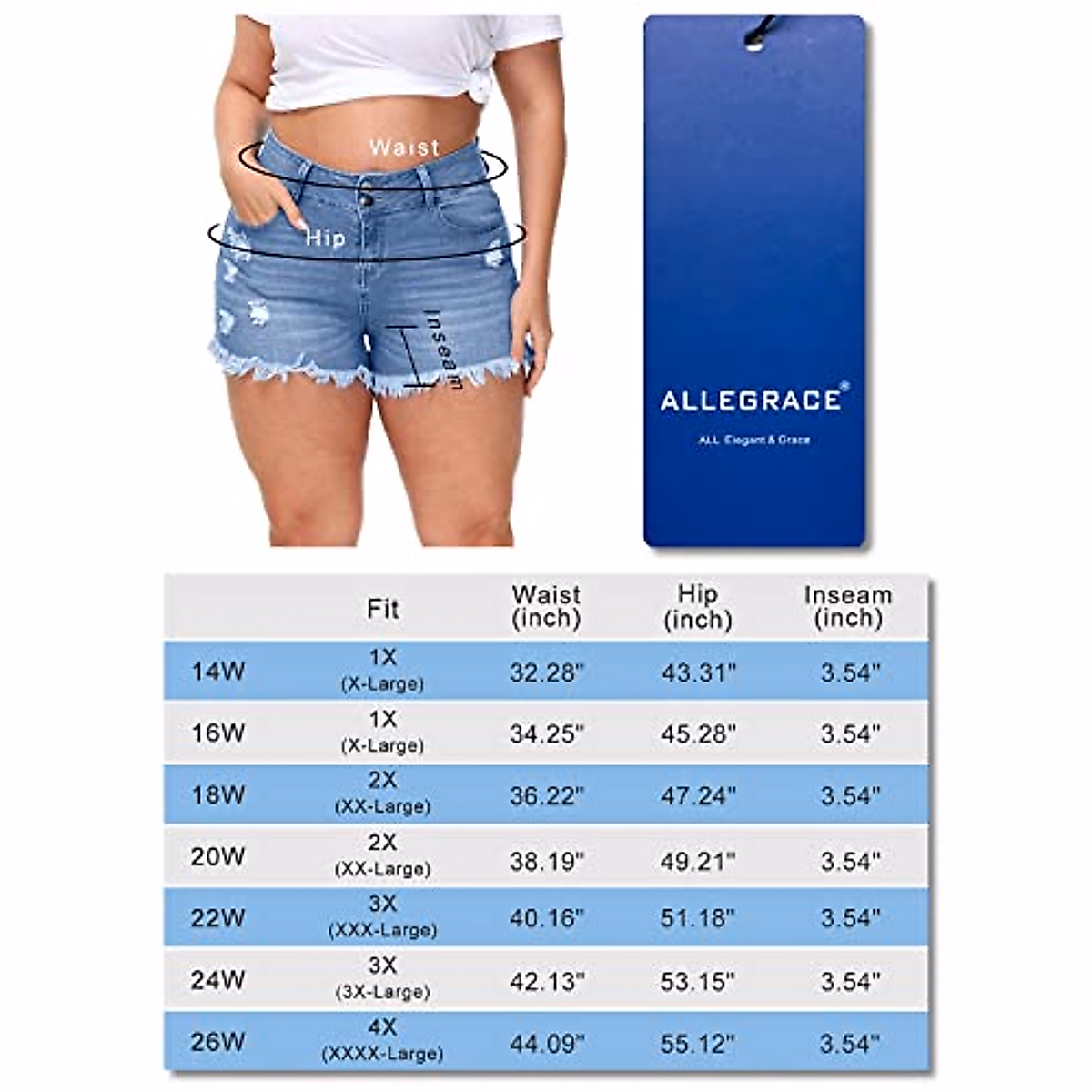 ALLEGRACE Sexy Plus Size Denim Shorts Women Distressed High Waist Shorts with Pockets 759 White 14W