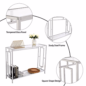 SSLine Toughened Glass Console Table,Clear Glass Accent Console Sofa Table,Entry Tables with Shelf for Hallway, Sofa Living Room,Narrow Spaces