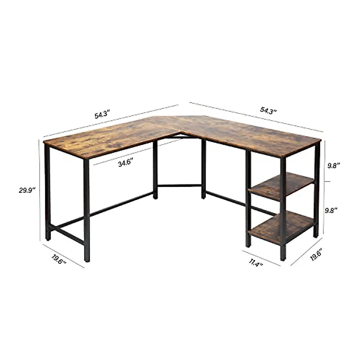 Wodeer L Shaped Computer Desk with Storage Shelves Corner Gaming Desk Writing Study Table Home Office Workstation Wood & Metal （Rustic Brown）