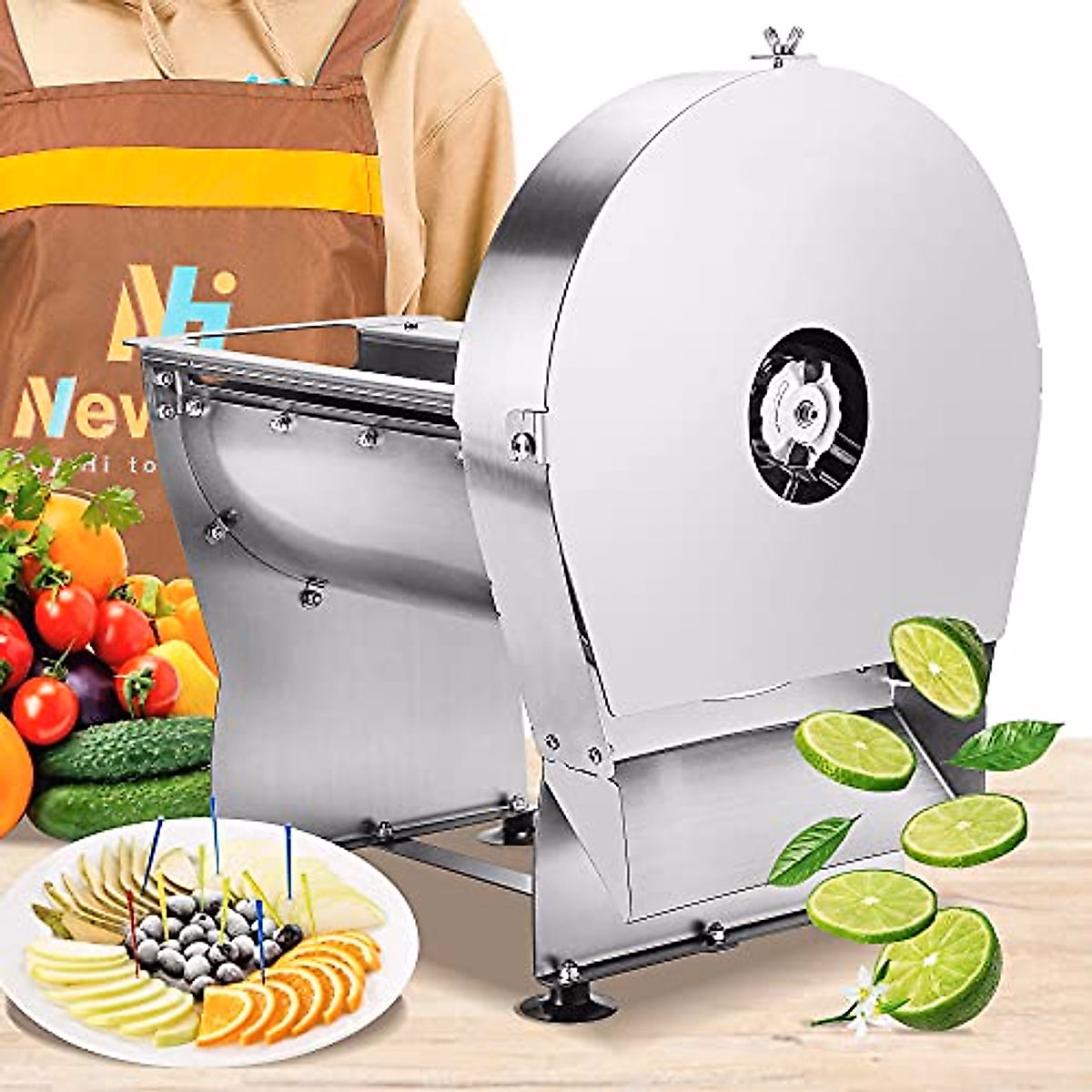 Newhai 0-10mm Commercial Onion Slicer Potato Chips Slicer Tomato Slicing Machine Electric Cabbage Shredder Machine Vegetable Fruit Slicing Machine 0-0.4’’ Stainless Steel (Slicer Machine)