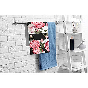 oFloral Peony and Rose Floral Hand Towels Cotton Washcloths,Pink Flower Green Leaves with Black White Stripes Soft Towels for Bathroom Kitchen,Hand Towel 15X30 Inch