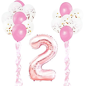 KUNGYO 2nd Birthday Party Decorations Kit- Giant Rose Gold Number 2 Foil Balloon, Latex Confetti Balloons, Pink Ribbons, 18 Pieces Party Supplies Set for Girls Birthday Anniversary Ceremony
