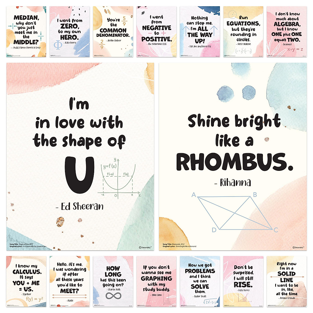 Decorably 16 Math Posters for Middle School, 11x14in Matte-Laminated Educational High School Math Classroom Decor