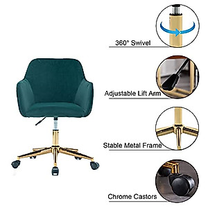 Mcltopz Desk Chair, Modern Velvet Home Office Chair, 360° Swivel Height Adjustable Office Chair with Gold Metal Legs, Vanity Makeup Chair Computer Task Chair for Home Office Living Room (Dark Green)