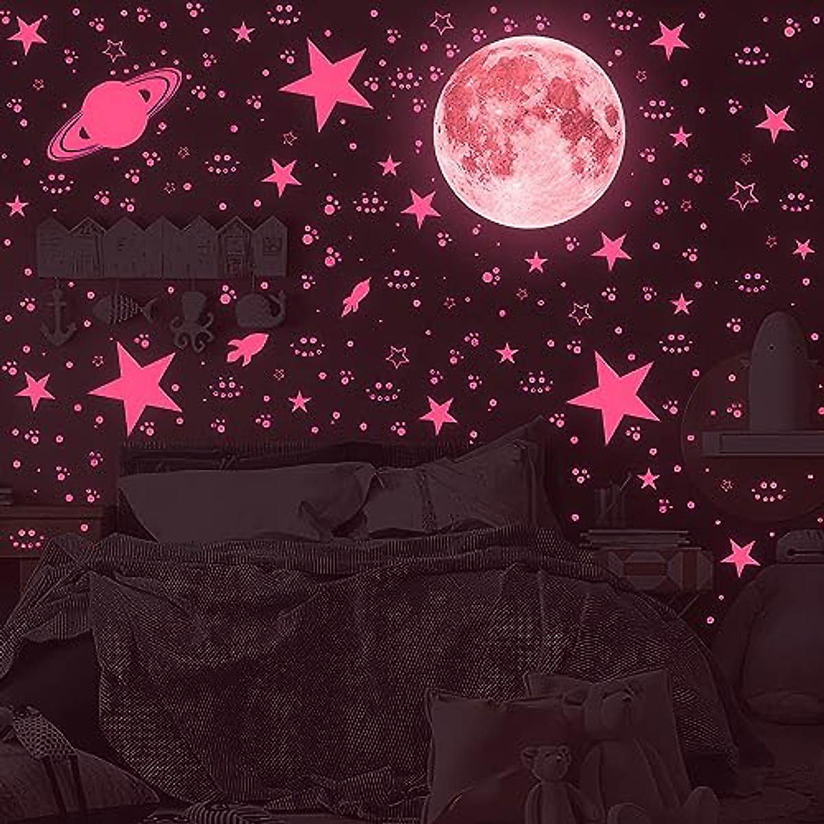 Riakoob Moon and Star Castle Luminous Wall Stickers - Glow in The Dark Pink - Magical Decor for Bedrooms (Pink Moon)